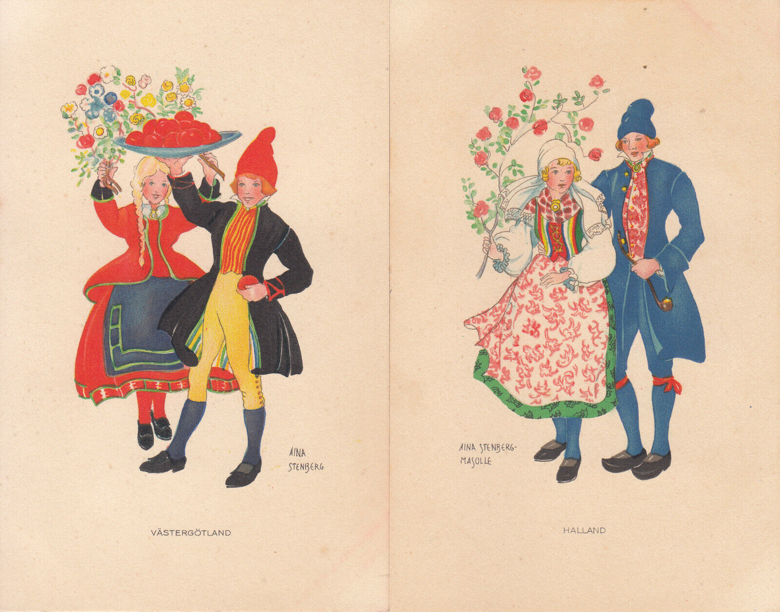 Swedish Folk Types Art Deco artist AINA STENBERG unit of 2 vintage ...