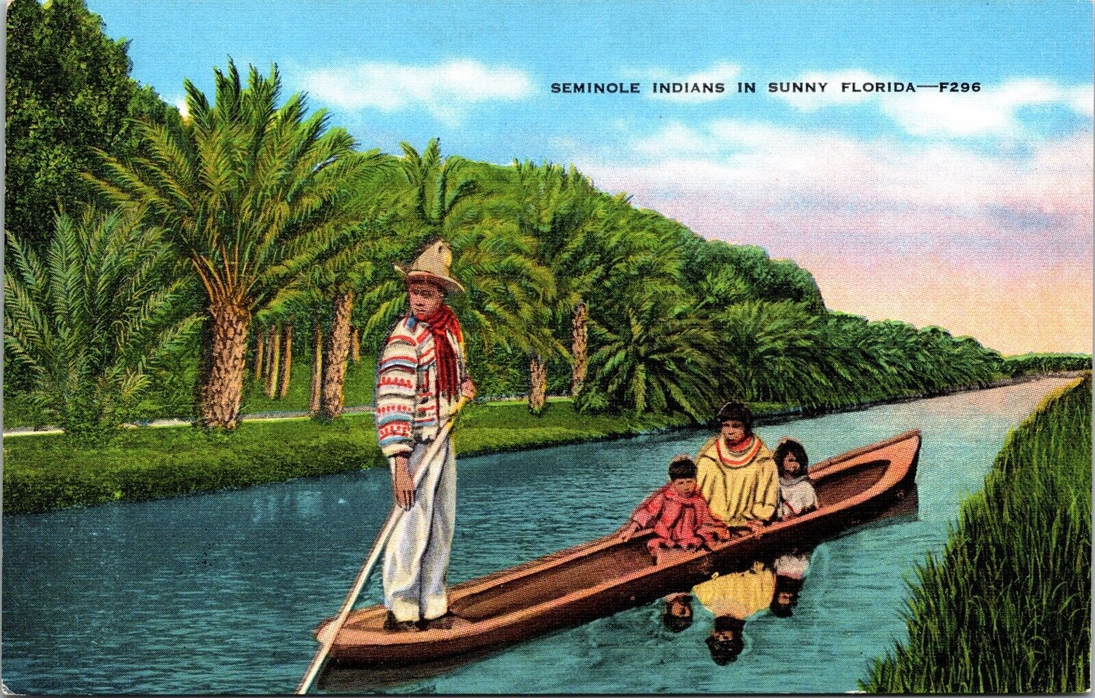Seminole Native Americans Indians Florida Canoe Palm Trees Linen ...