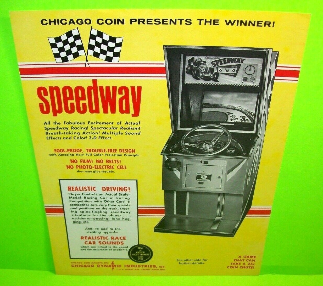 Speedway Arcade FLYER Chicago Coin Original 1969 Vintage Speed Race ...