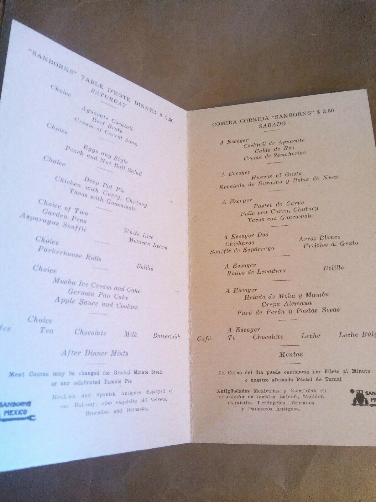 1930's Dinner Menu for SANBORNS Restaurant in MEXICO | Ephemera - Menus ...