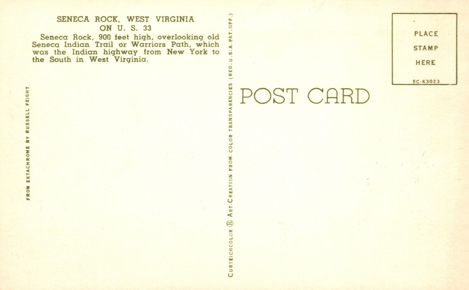 Vintage Postcard 1920s Seneca Rock Old Indian Trail Warriors Path West ...