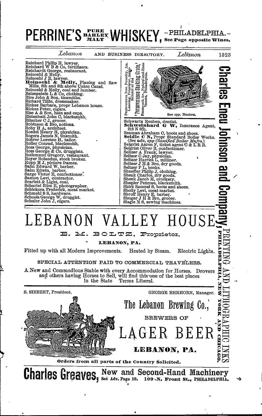 1887 the Lebanon Brewing CO Brewers O Flager Beer Lebanon PA Print AD ...