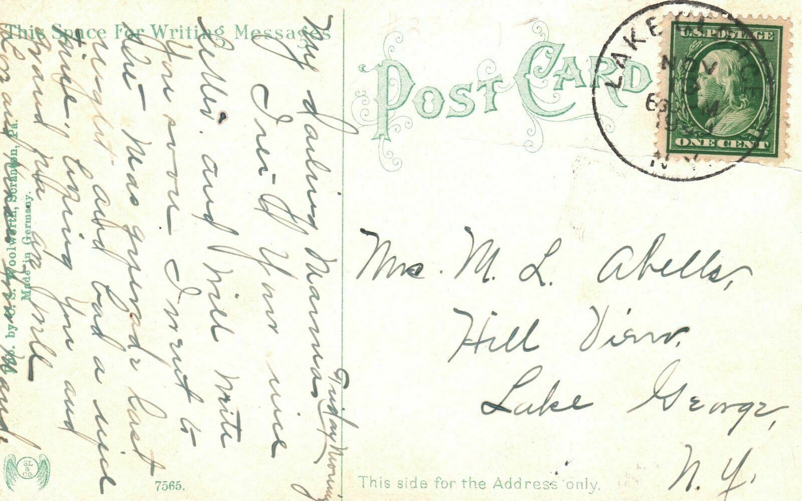 Vintage Postcard 1909 Lily Lake From C.S. Woolworth near Dalton ...