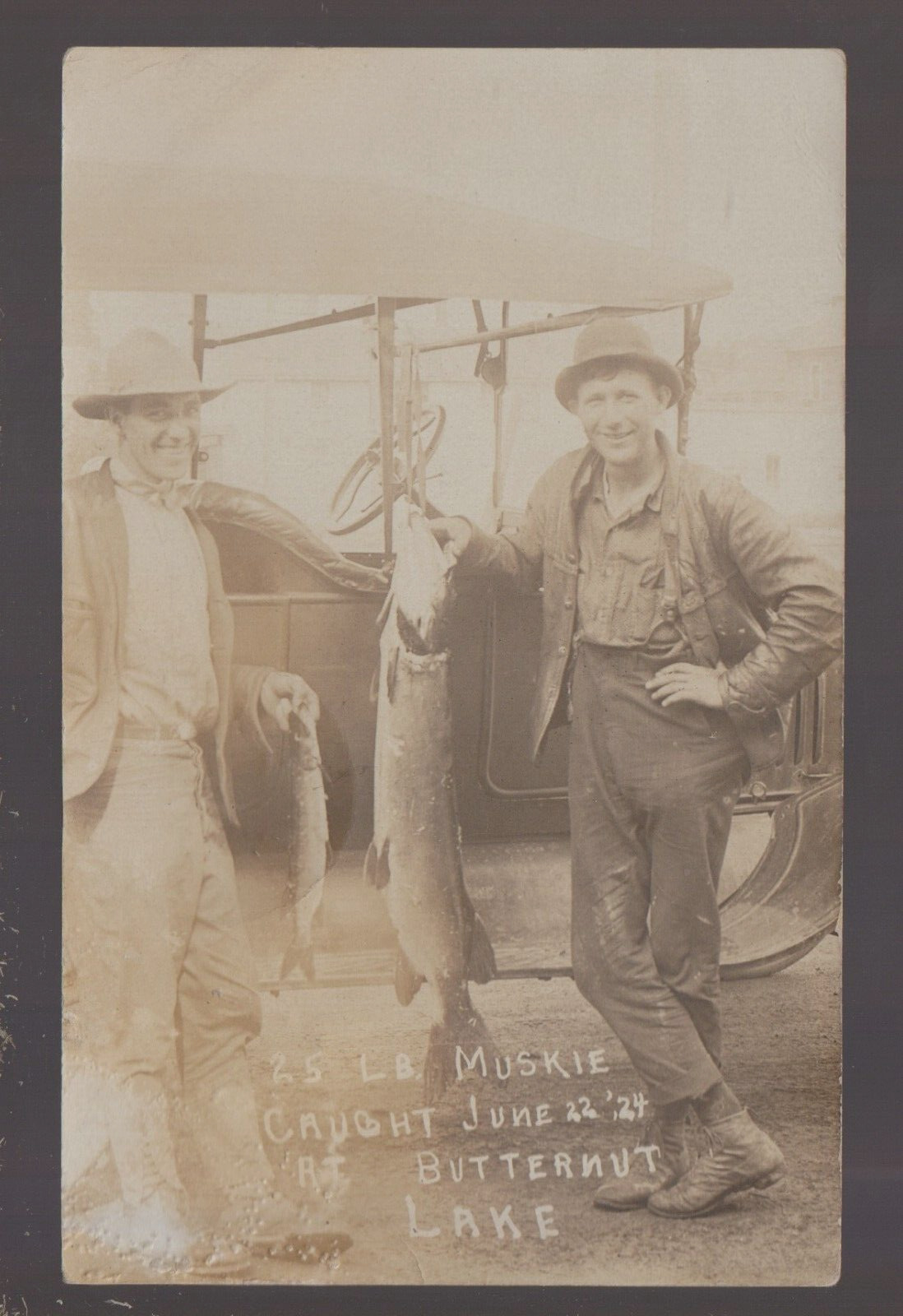 Lake Butternut WISCONSIN RPPC 1924 GIANT FISH Fishing 25 lb Muskie nr ...