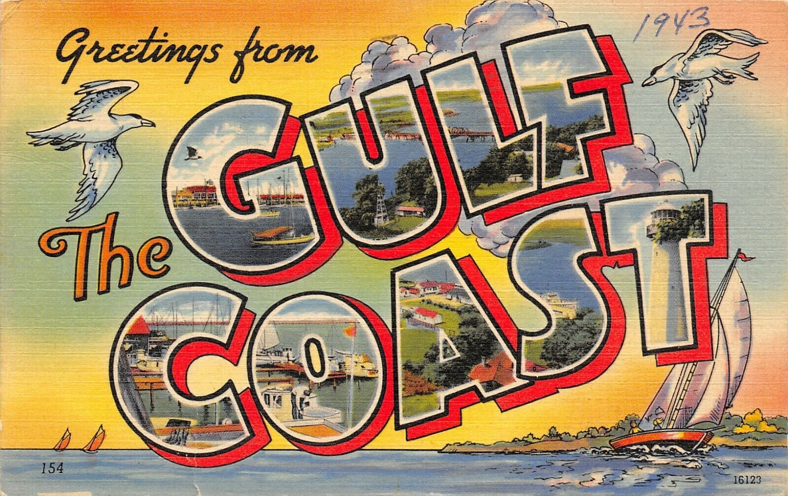 Gulf Coast Mississippi~Large Letter Linen Postcard~Sea Gulls~Sailboat ...