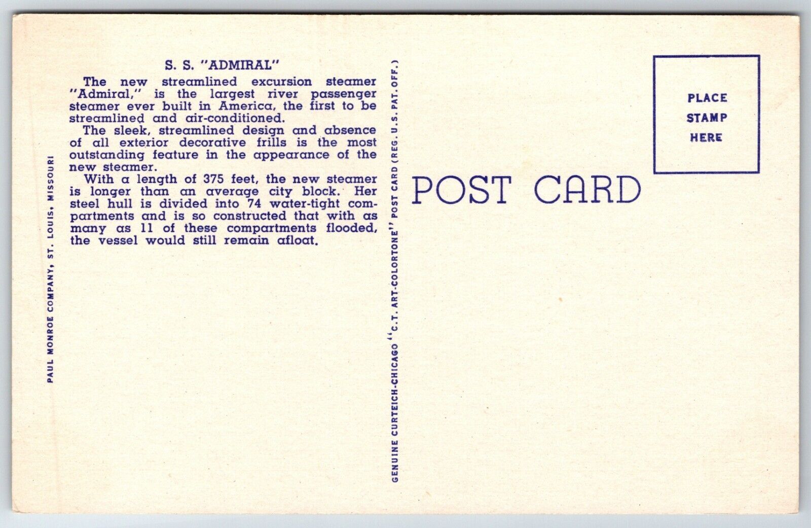 SS Admiral Ship Srecklus Fleet St Louis Missouri MO UNP Linen Postcard ...