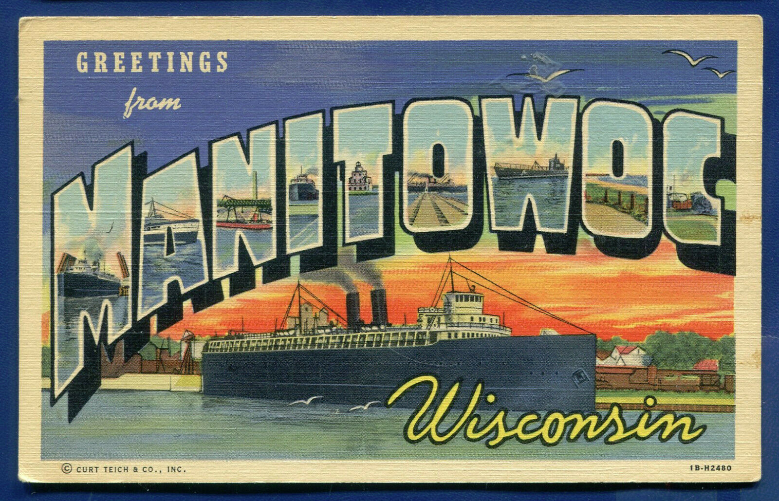 Manitowoc Wisconsin Greetings Large Letters Letter linen postcard ...