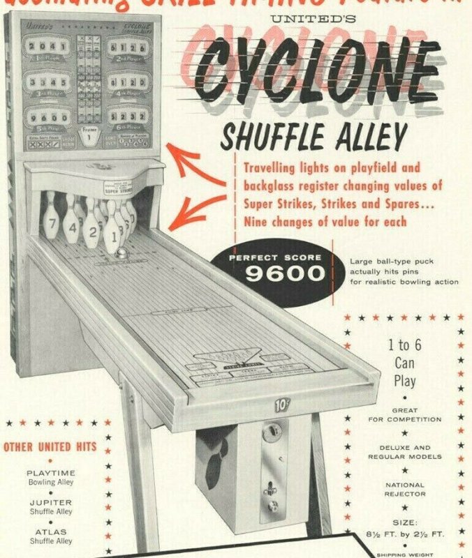 Cyclone Arcade Flyer 1958 United Shuffle Alley Bowling Alley Game Art 8 ...