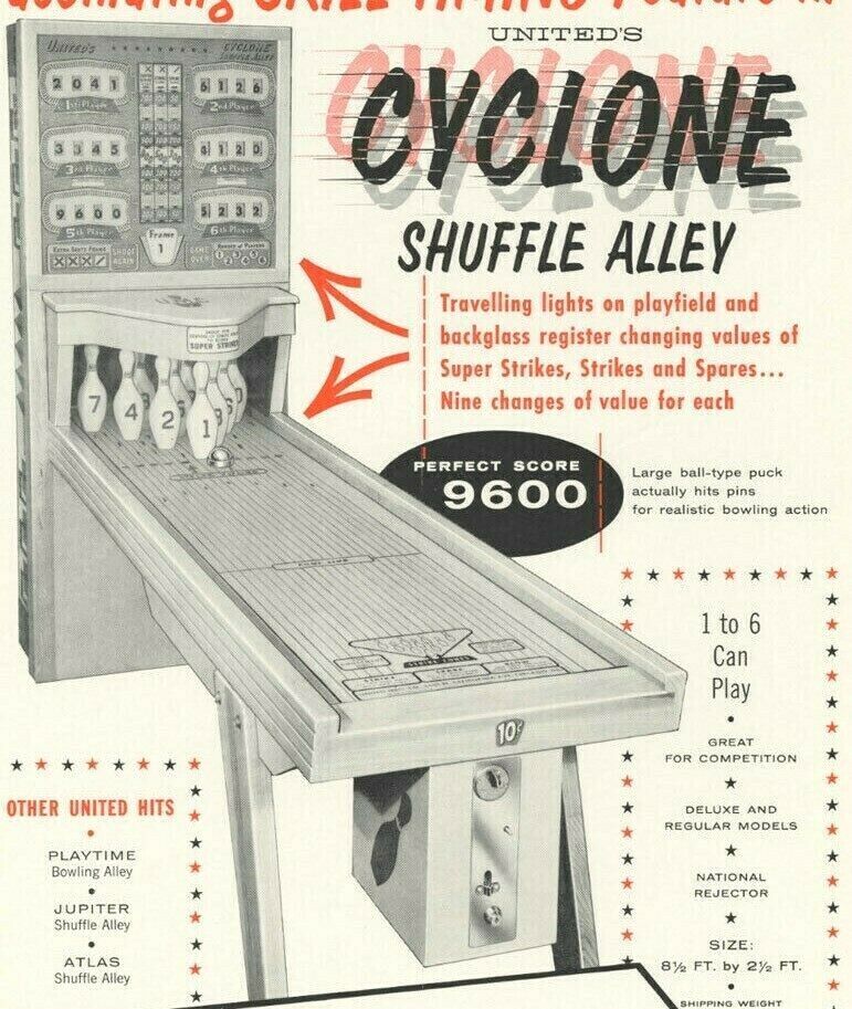 Cyclone Arcade Flyer 1958 United Shuffle Alley Bowling Alley Game Art 8 ...