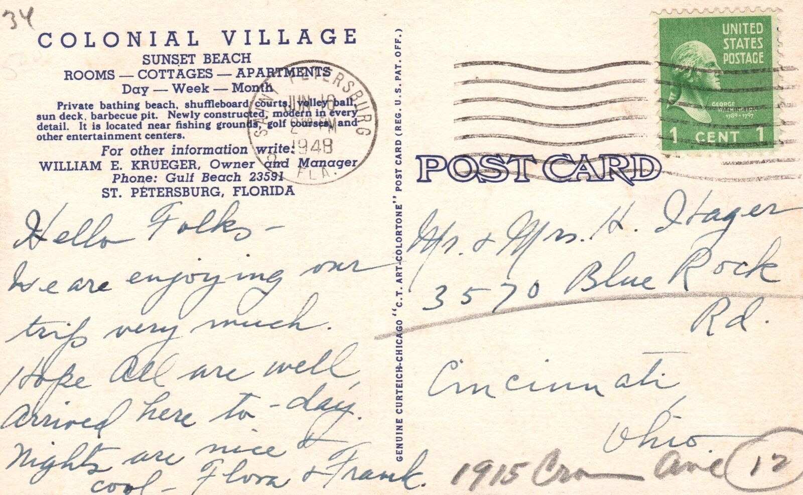 Vintage Postcard 1948 Colonial Village On Gulf Of Mexico Sunset Beach ...