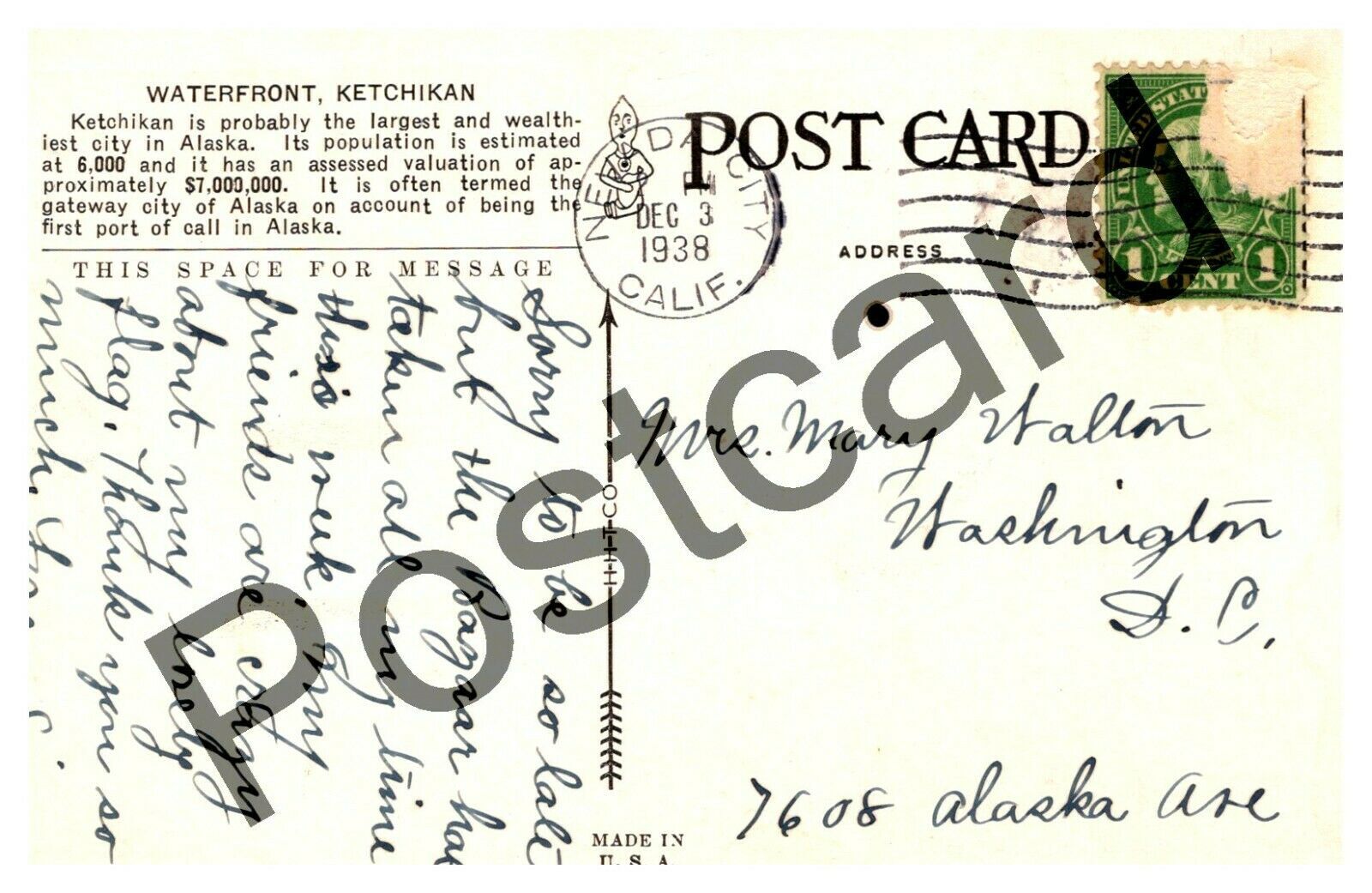 1938 The Water Front, Ketchikan AK, population 6,000 postcard jj026 ...