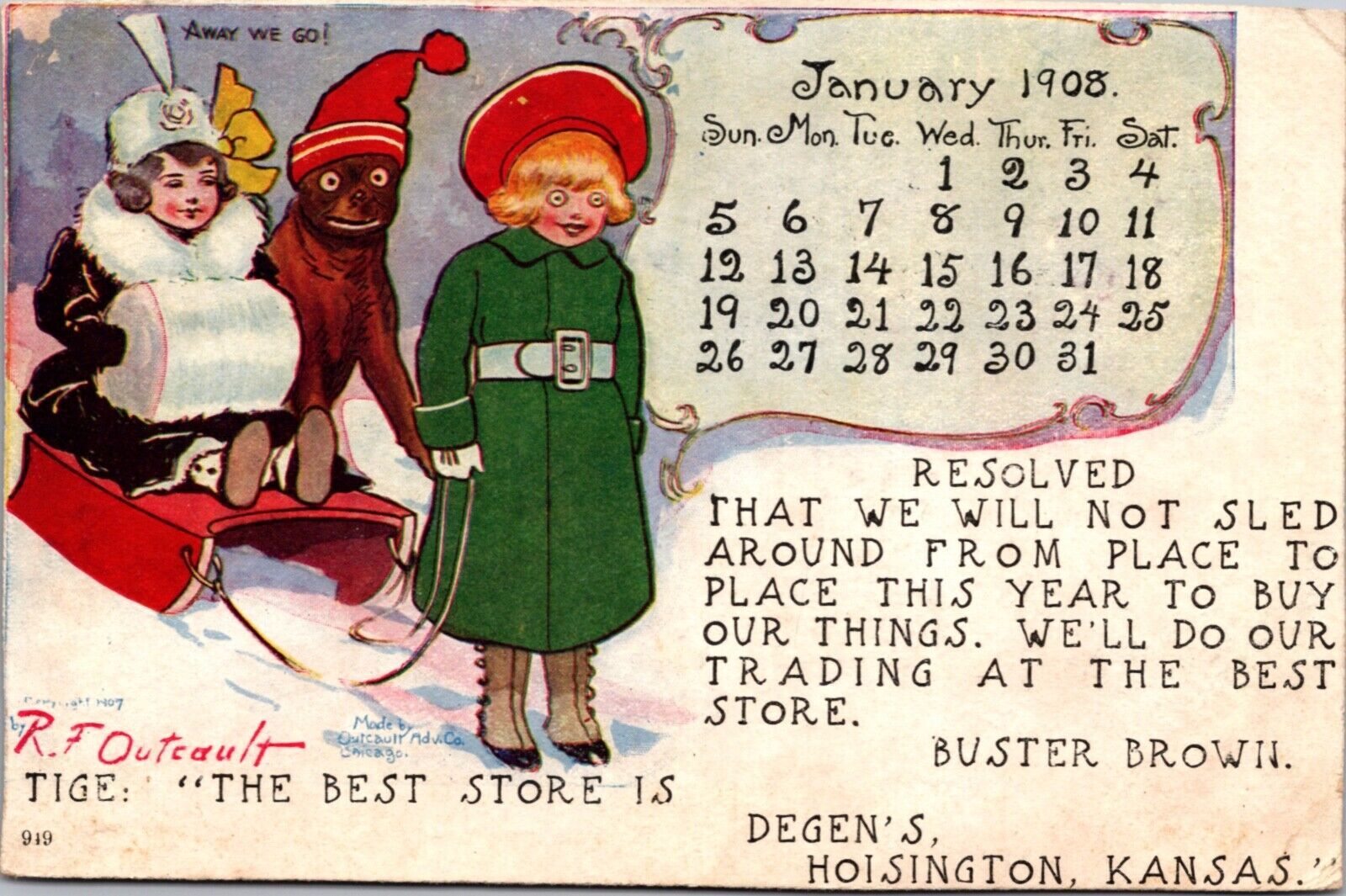 R.F. Outcault Postcard Calendar January 1908 Degen's Store in ...