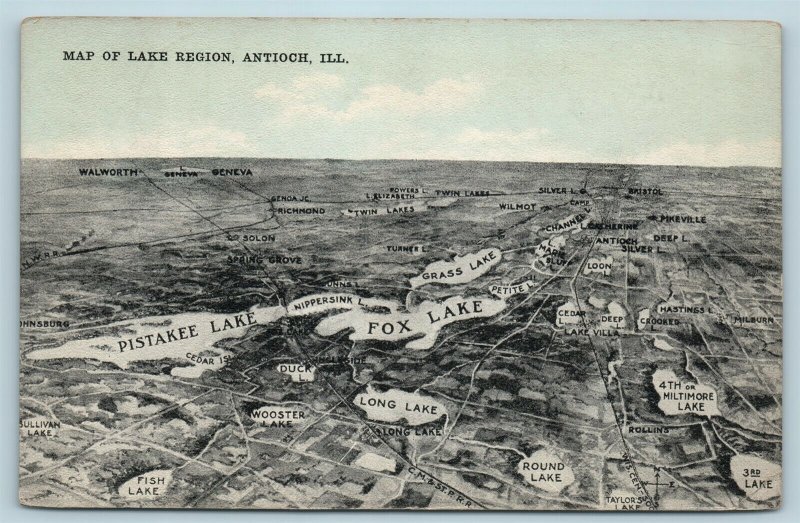 Postcard IL Illinois Antioch Aerial View Map of Lake Region c1910s AG13 ...