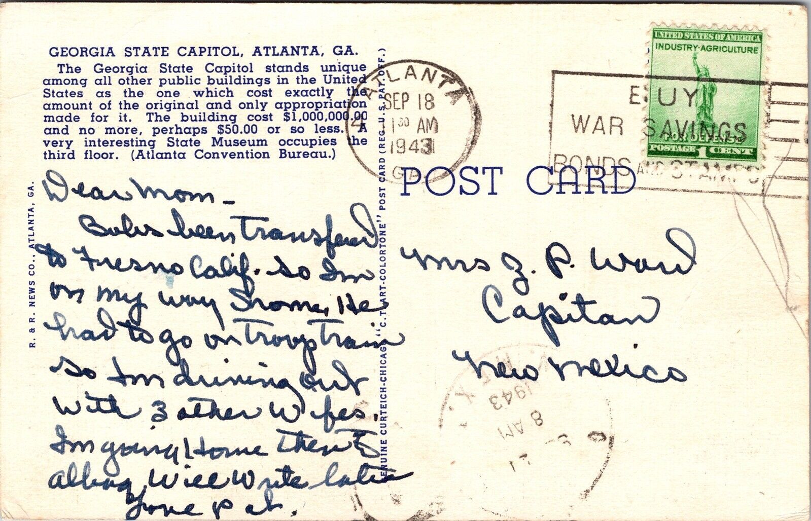 Georgia State Capitol Atlanta Georgia Ga Linen Note Wob Pm Cancel 1943 ...