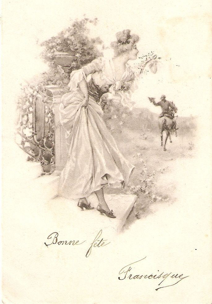 "Lady farewell to rider" Old vintage French Greetings, artist drawn ...