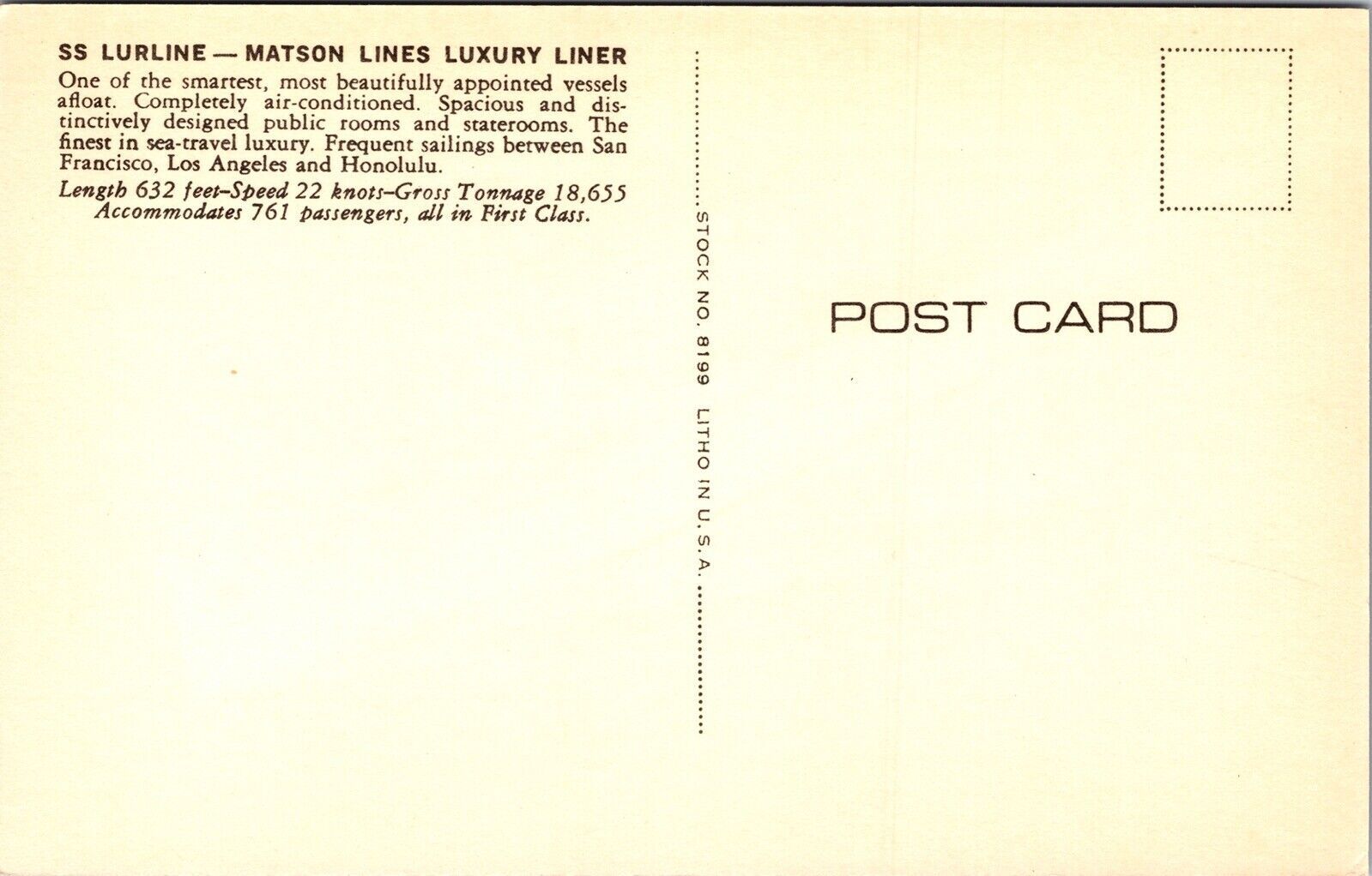 Ss Lurline Matson Lines Luxury Liner Ship Los Angeles Honolulu Hi ...