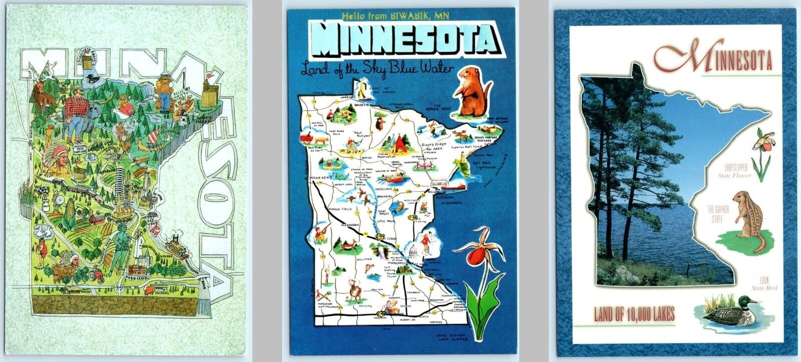 3 Postcards MINNESOTA, MN "10,000 Lakes " ILLUSTRATED MAPS Cartographs ...