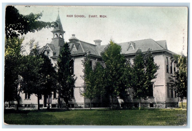 High School Building Trees Exterior Scene Evart Michigan MI Antique ...