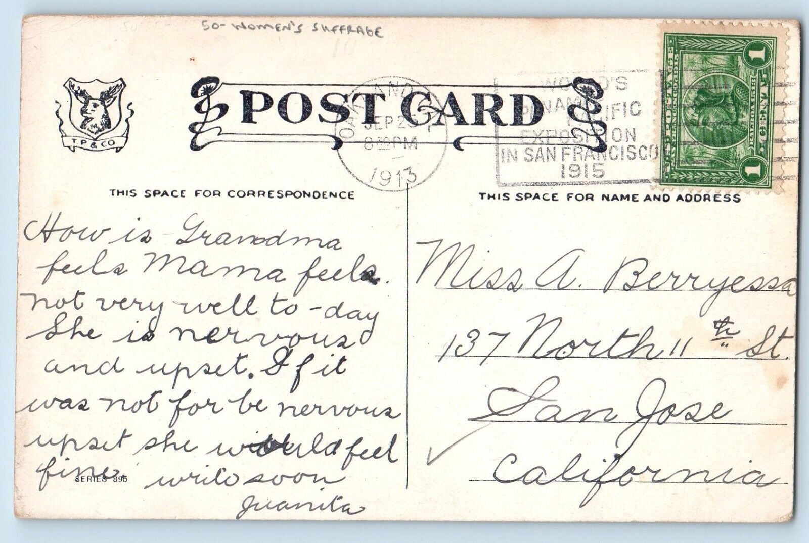 Cobb Shinn Signed Artist Postcard Women's Suffrage With Sash Oakland CA ...