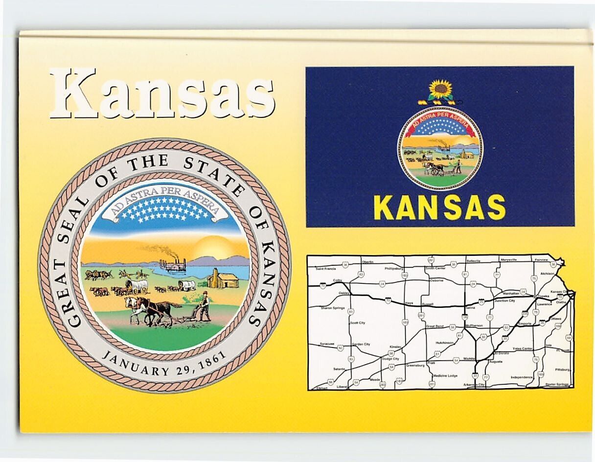 Postcard Map & Great Seal of the State of Kansas USA | United States ...