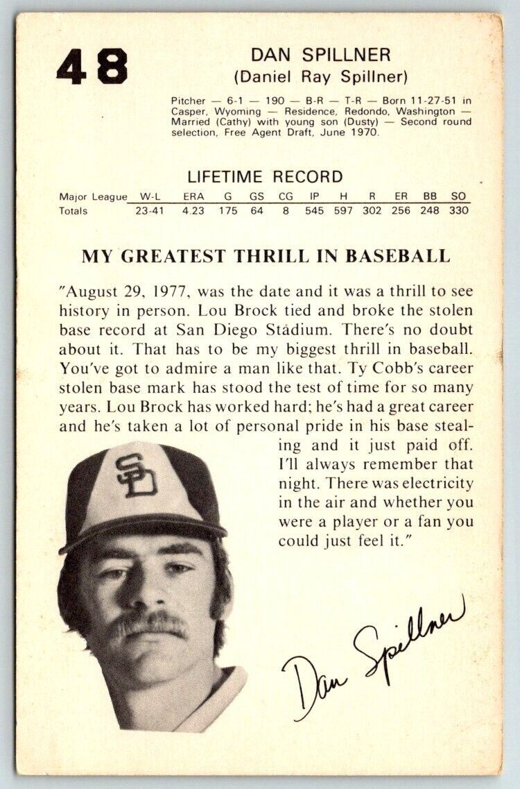 1978 San Diego Padres Dan Spillner Baseball Family Fun Centers Postcard ...