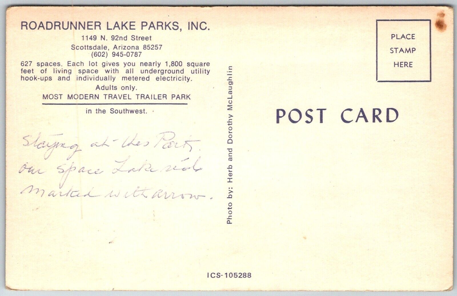 Scottsdale Arizona 1970s Postcard Roadrunner Lake Trailer Parks Air ...