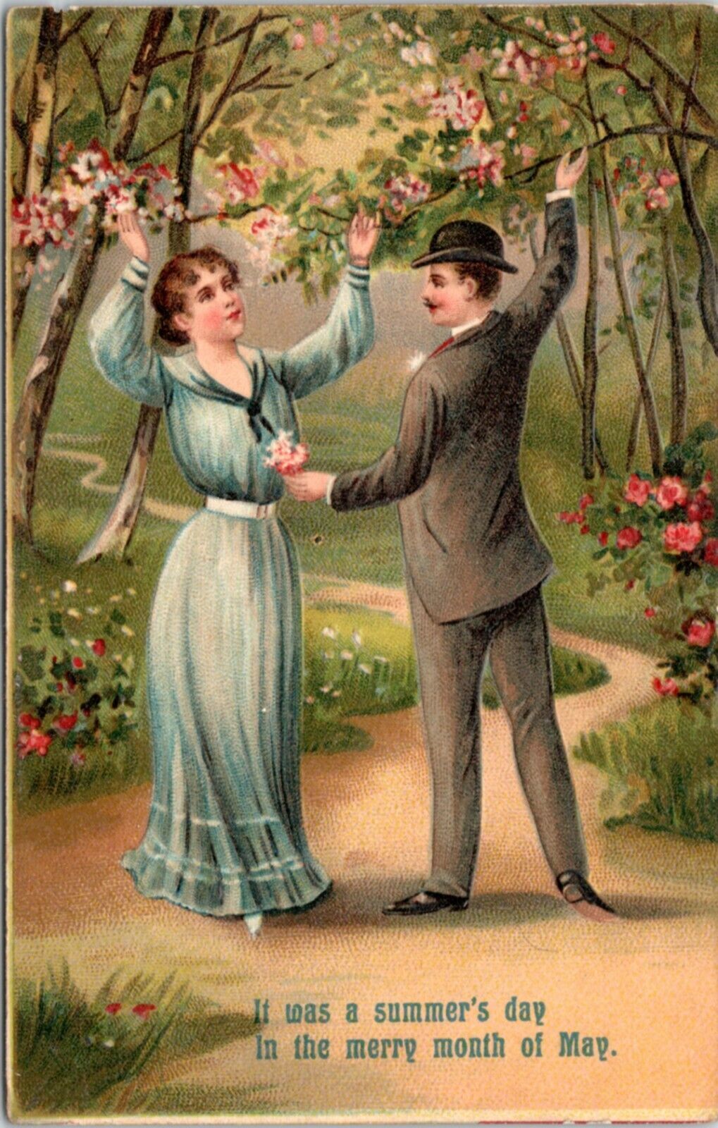 Postcard Couple on wooded path - It was a summer's day in the merry ...