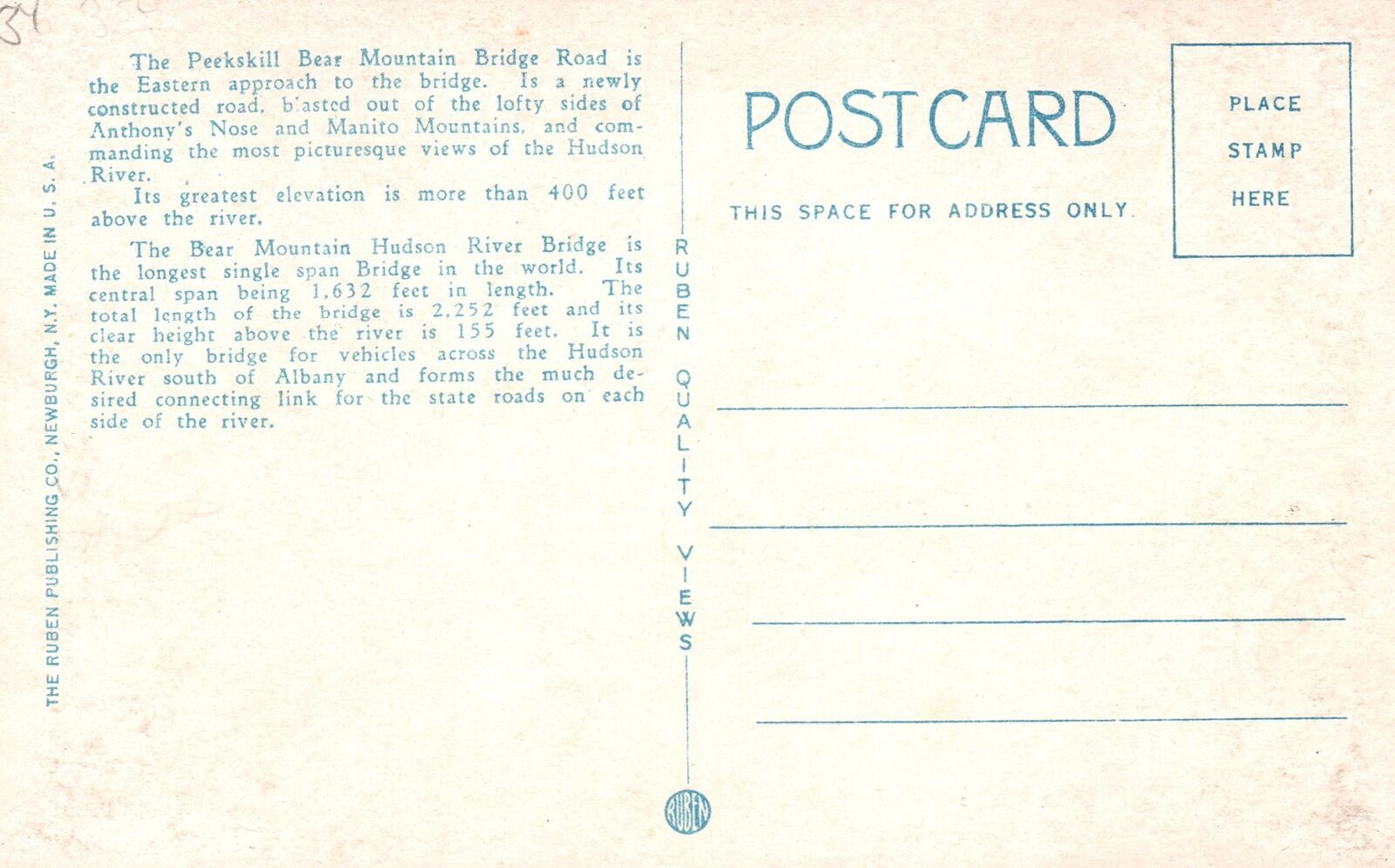 Vintage Postcard Bridge From Bear Mts. Bridge Road Along Hudson River ...