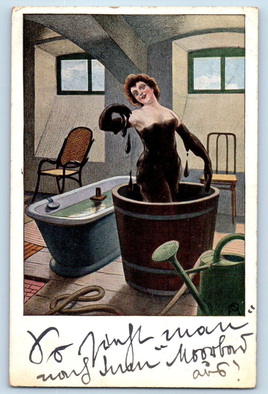 Humor Postcard Woman Gruss Aus Moorbad Mud Bath Tub Watering Can c1910's Antique | Asia & Middle ...