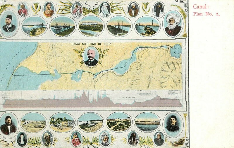 Vintage WWI Era Multi-View Postcard; Suez Canal Map, Ferdi de Lesseps ...