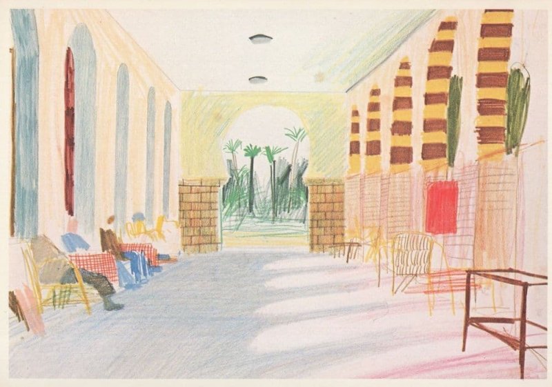 David Hockney The Luxor Hotel 1978 Crayon Drawing Painting Postcard ...