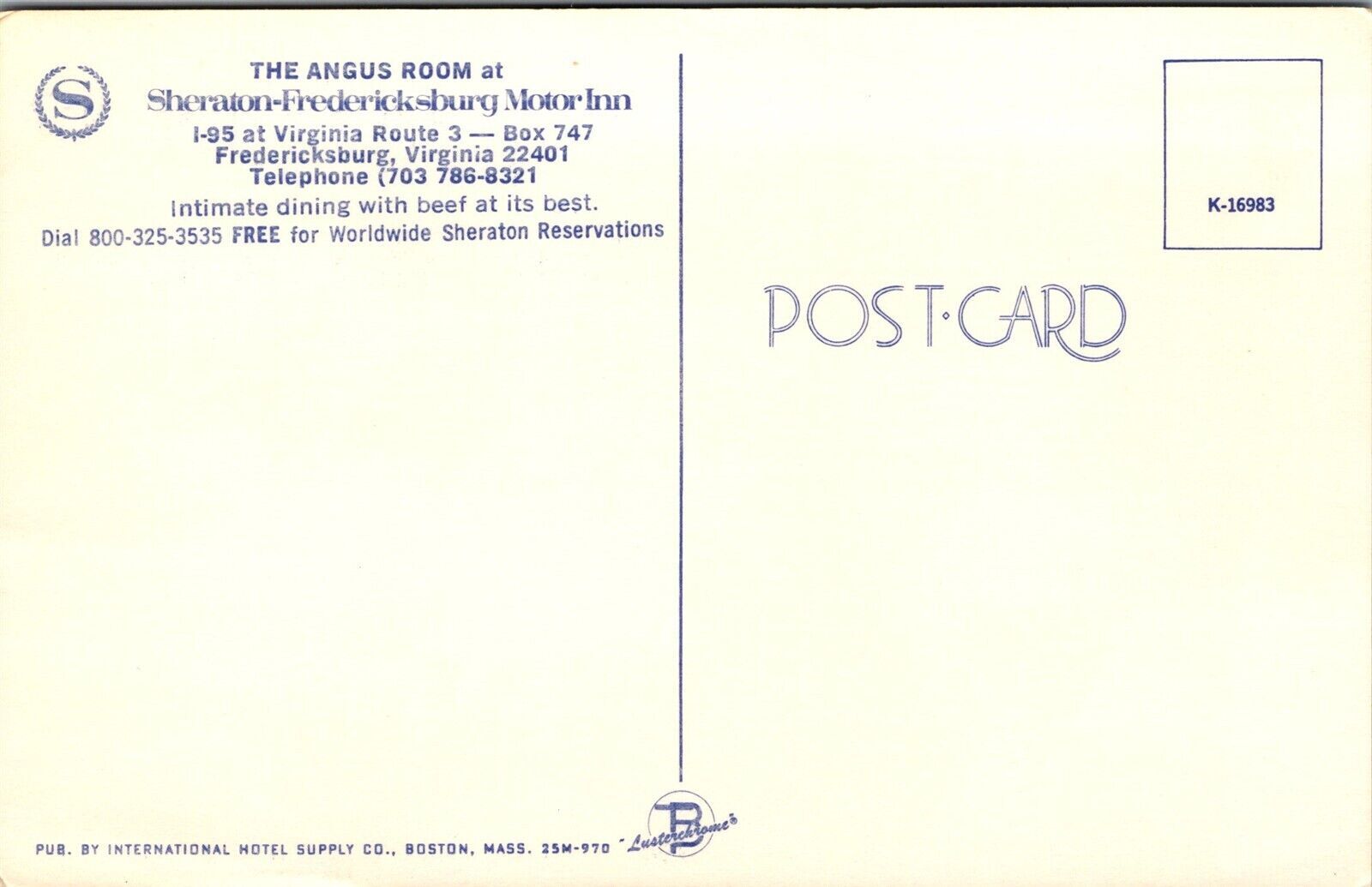 Vtg Virginia VA Angus Room Restaurant Sheraton Fredericksburg Motor Inn ...