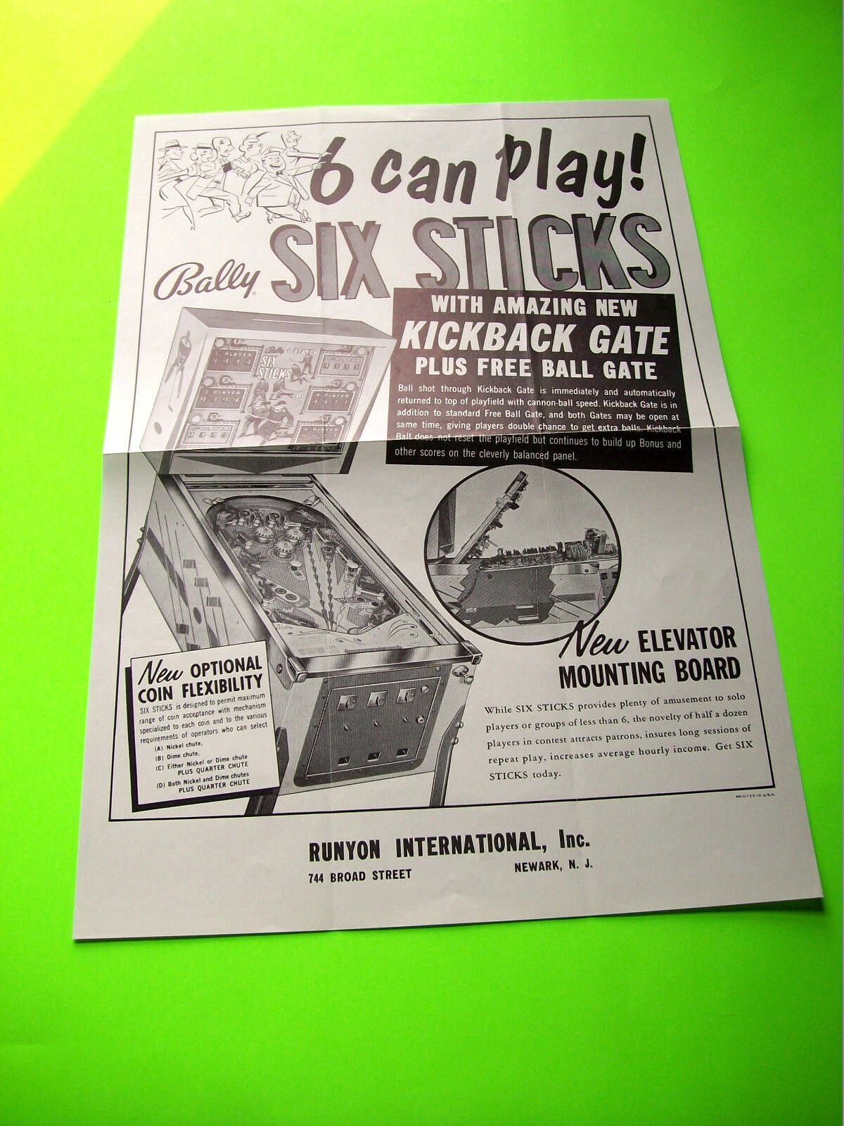 Six Sticks Original 1966 Flipper Game Pinball Machine Vintage Retro ...