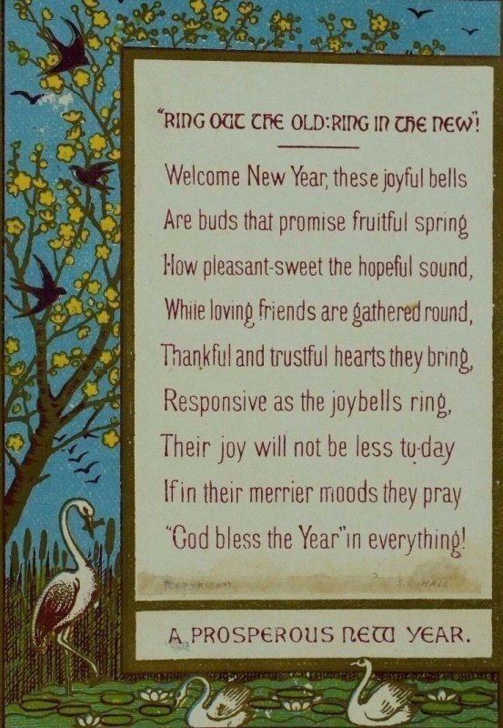 Victorian New Year's Trade Card Art Nouveau Lake Swans Poem Crane Gold ...