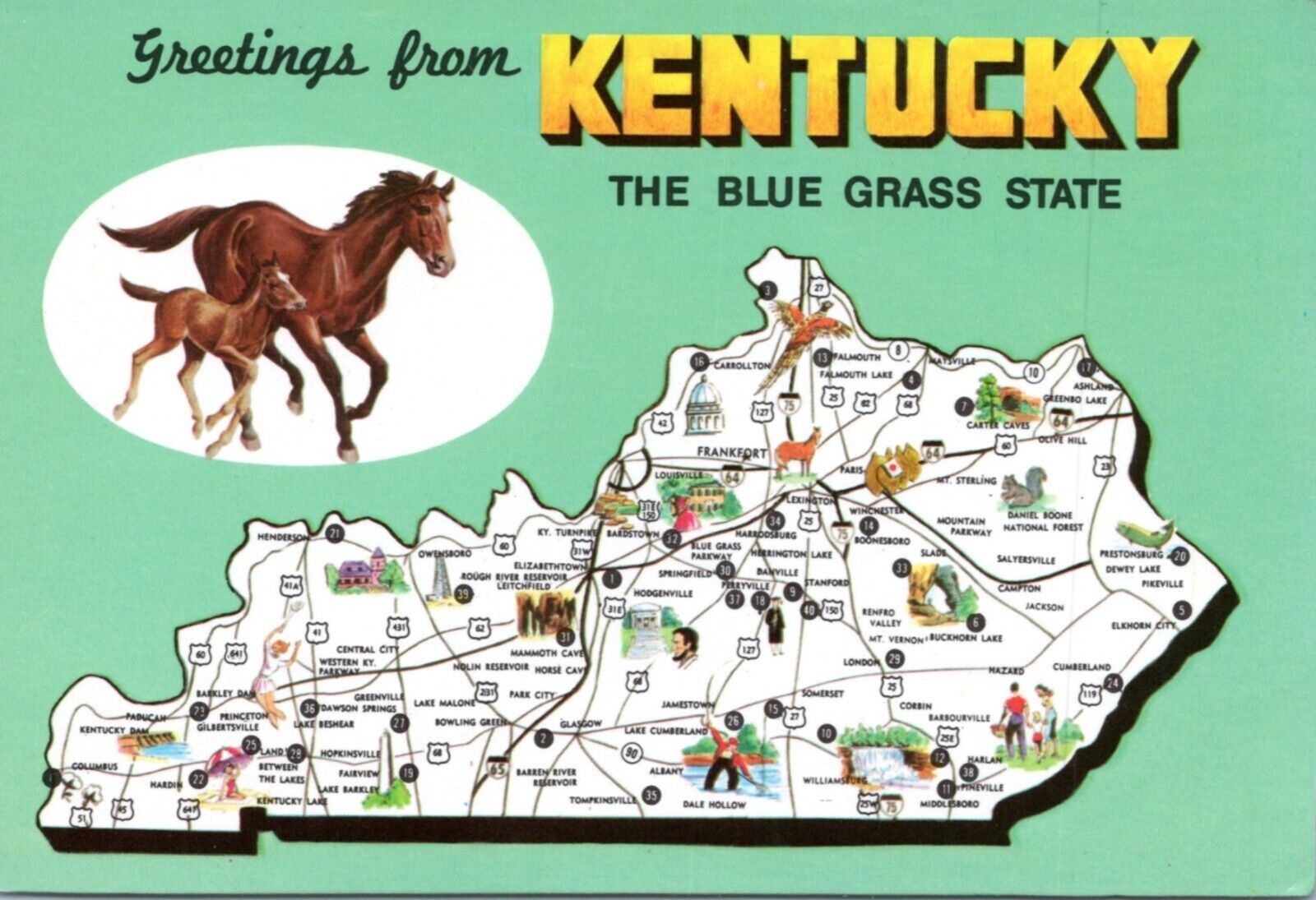 Postcard Map Kentucky - Greetings From Bluegrass State map and horses ...