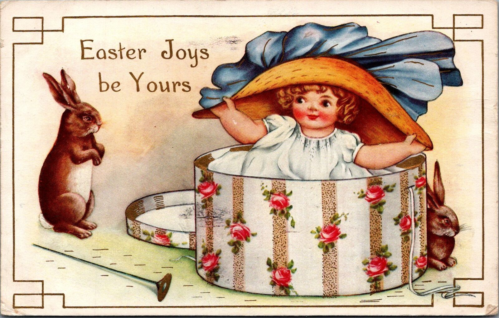 Postcard Easter Joys Be Yours Little Girl Coming Out of Hat Box Baby ...