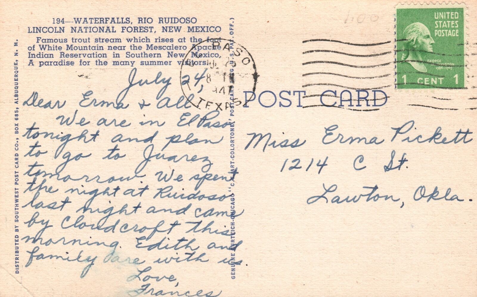 Vintage Postcard 1947 Waterfalls Rio Ruidoso Lincoln National Forest ...
