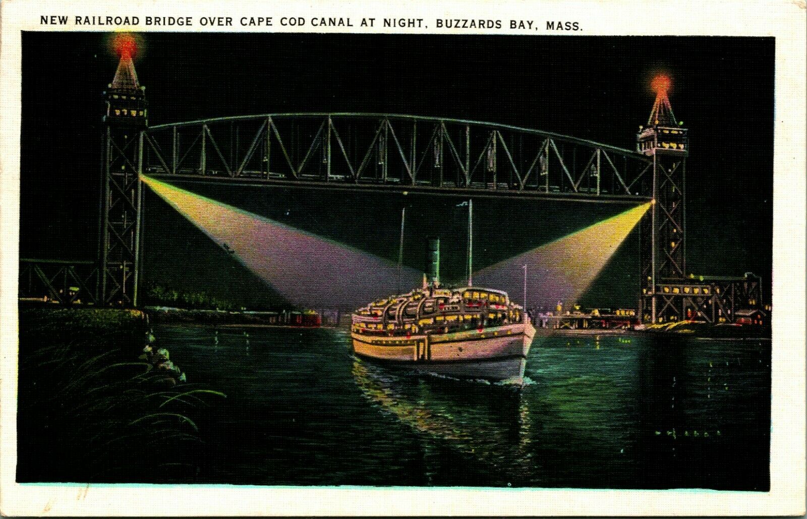Night View New Railroad Bridge Over Cape Cod Canal Ferry Linen Postcard ...