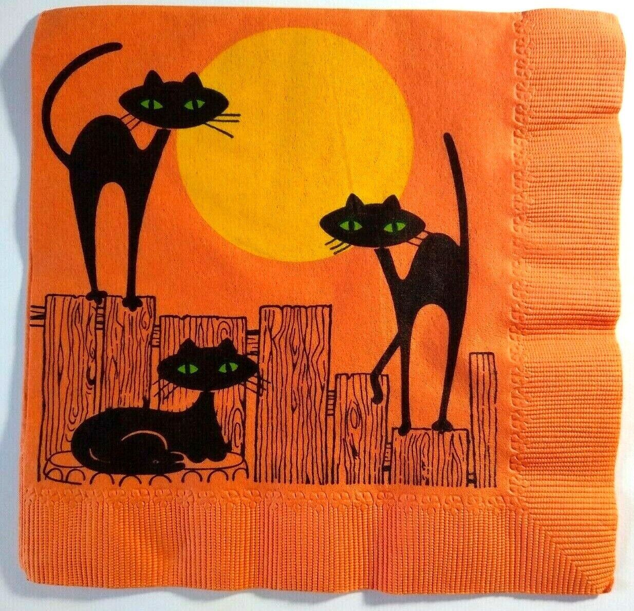 Halloween Napkin Siamese Black Cats Full Moon Retro Mid Century Mod ...