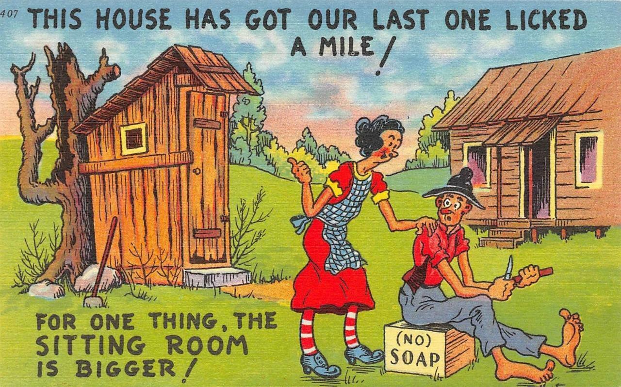 Comic OUTHOUSE "Bigger Sitting Room Then Our Last House" c1940's Linen ...