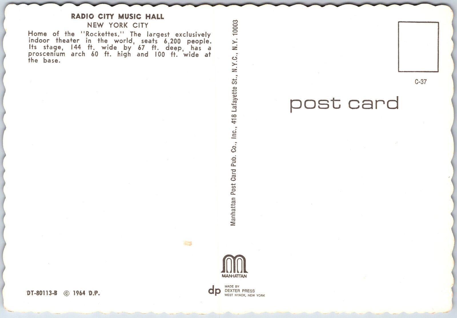 Vintage Continental Size Postcard Radio City Music Hall New York City ...