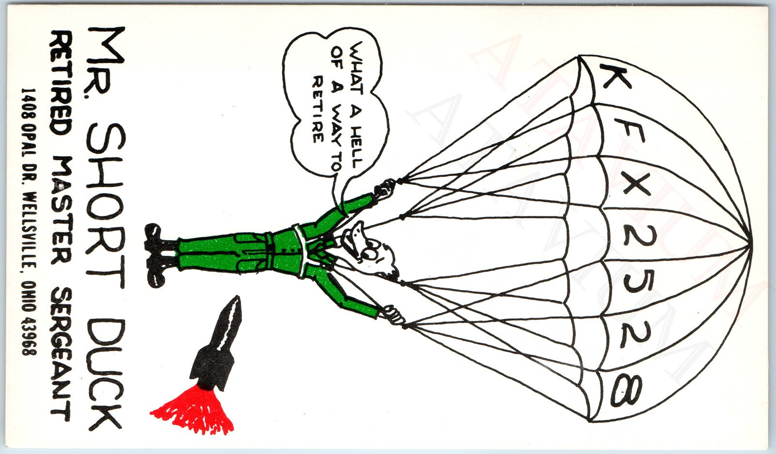 c1970s Wellsville OH Parachute Duck Art QSL Radio Card Master Sergeant ...