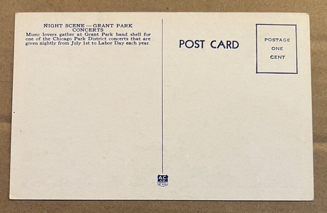Vintage .01 Postcard Unused - Grant Park Concerts, Night Scene, Chicago ...