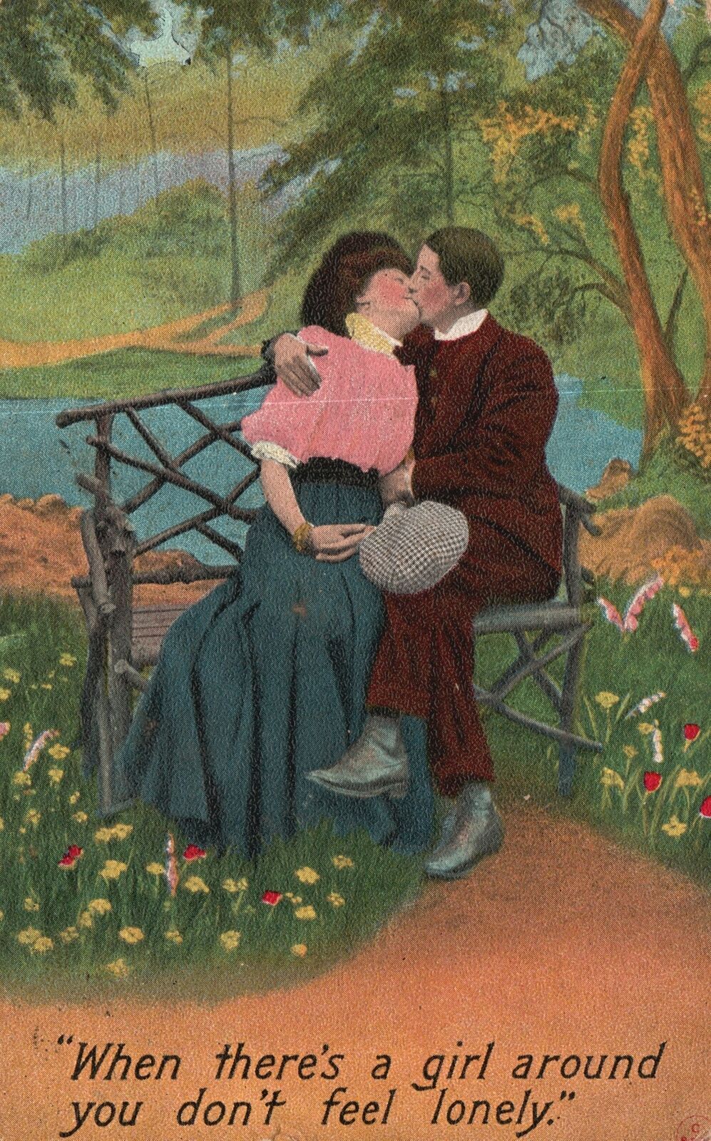 Vintage Postcard 1910's Lovers Couple Kissing In The Park Not Feeling ...