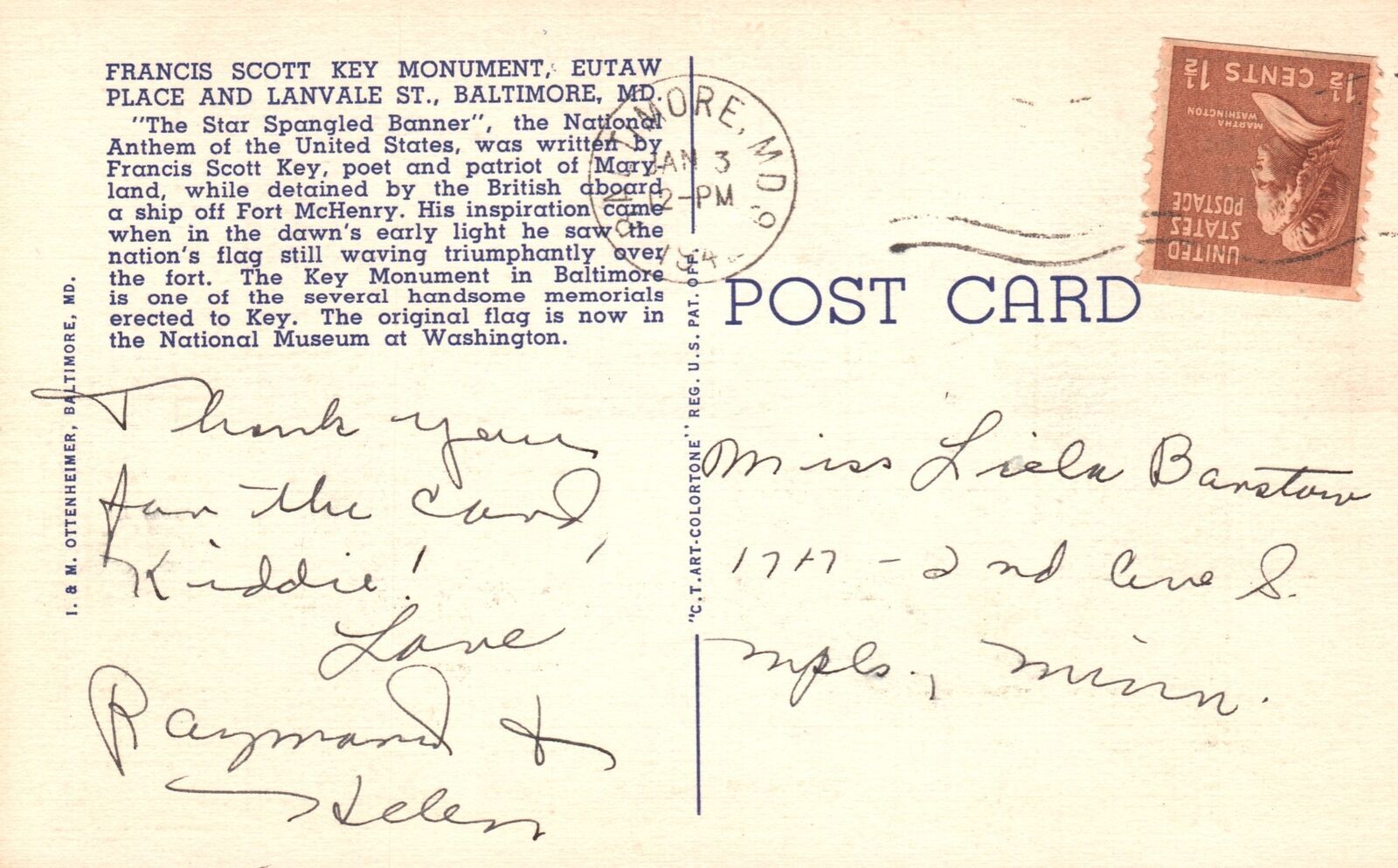 Vintage Postcard 1940 Francis Scott Key Monument Eautaw Place Baltimore ...