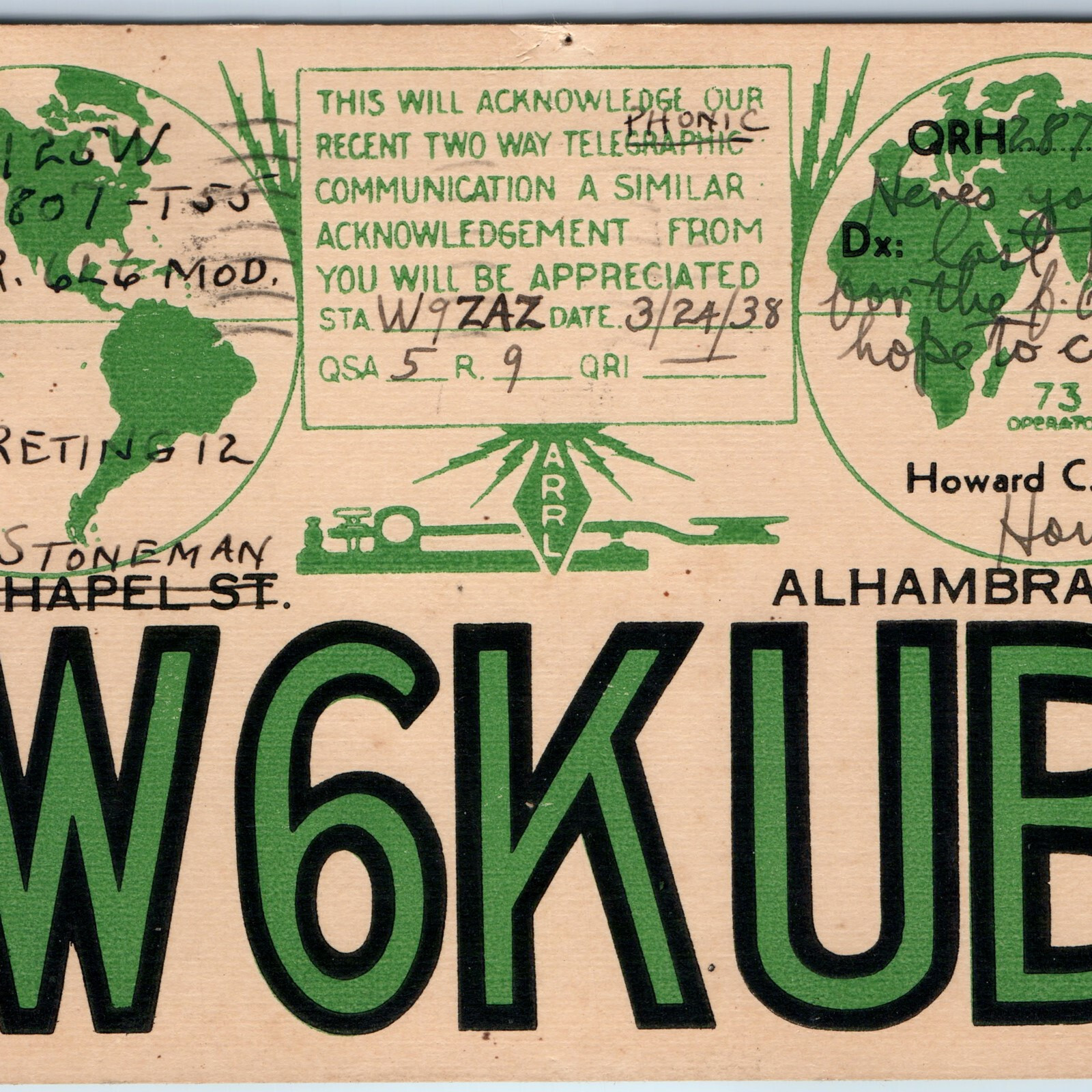 1938 Alhambra, CA W9ZAZ QSL Ham Radio Card ARRL World Map Howard Dean ...