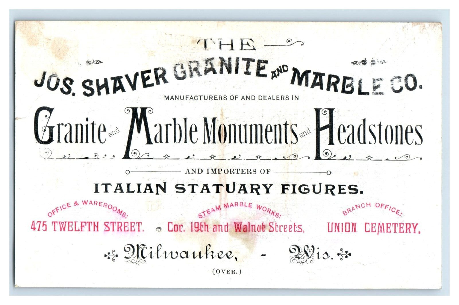 1870's Jos Shaver Steam Marble Works Italian Statuary Milwaukee Trade ...