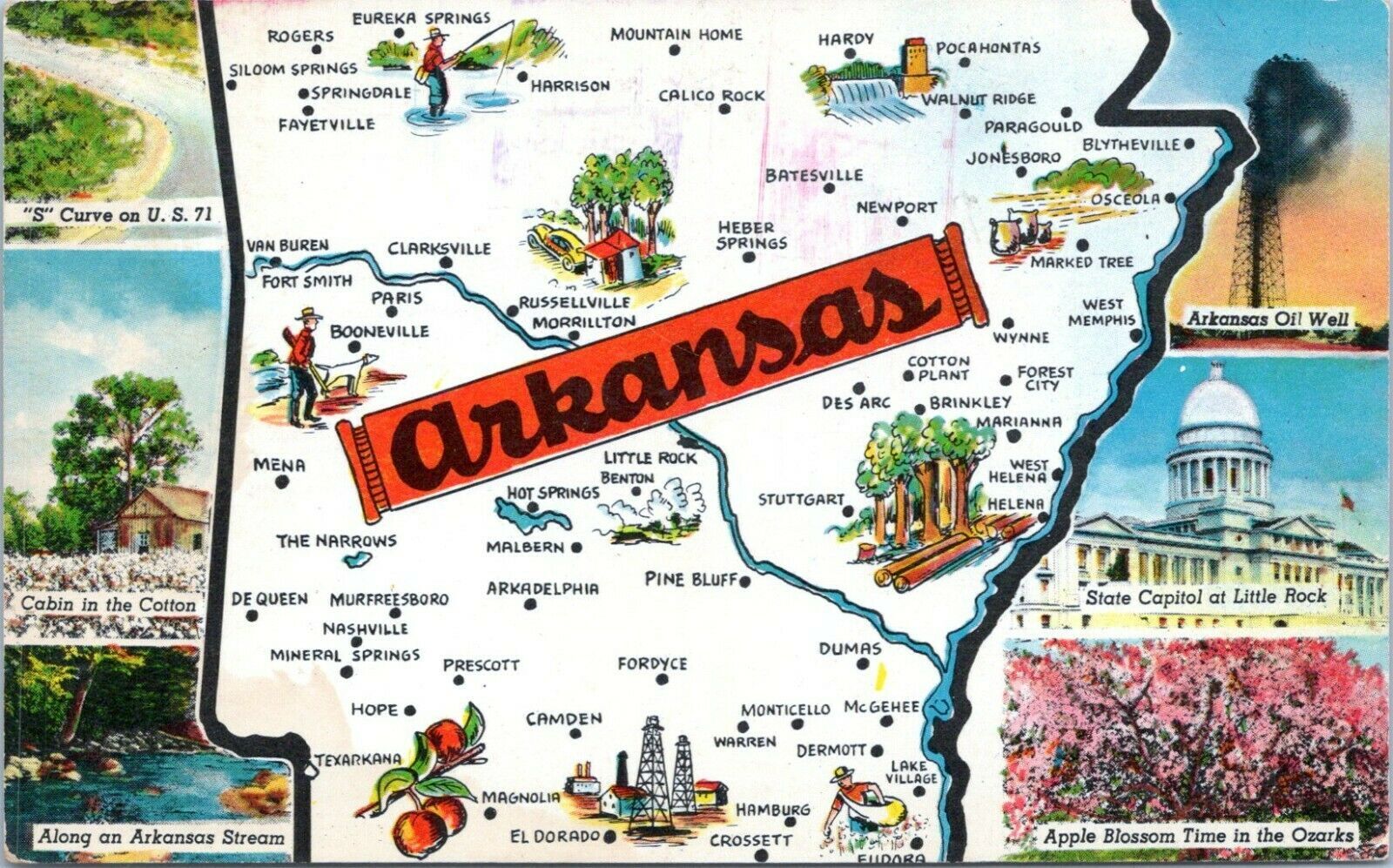 Arkansas Map Postcard 1950s Chrome LC | United States - Arkansas ...