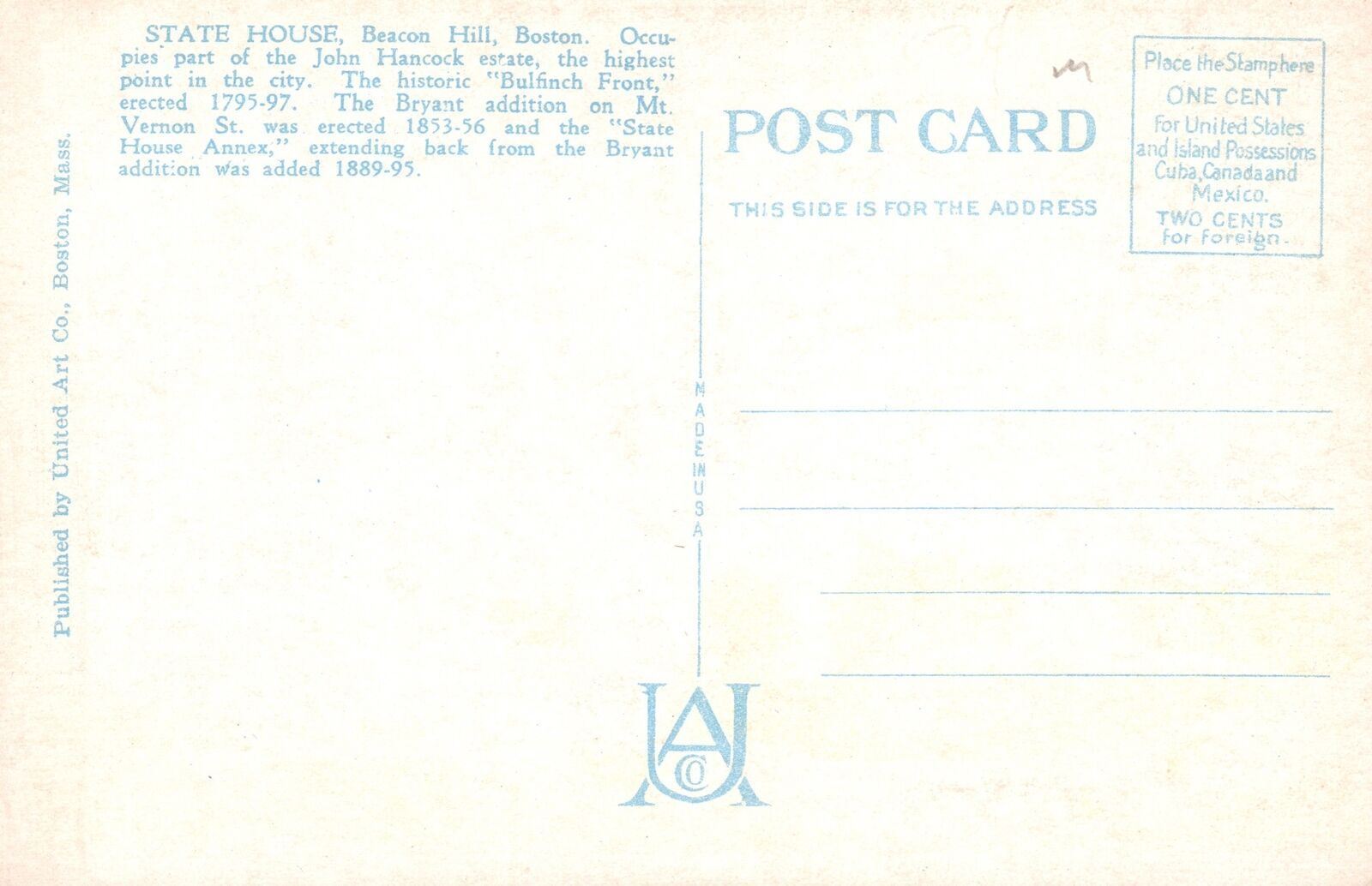 Vintage Postcard State House Landmark Boston Massachusetts United Art ...