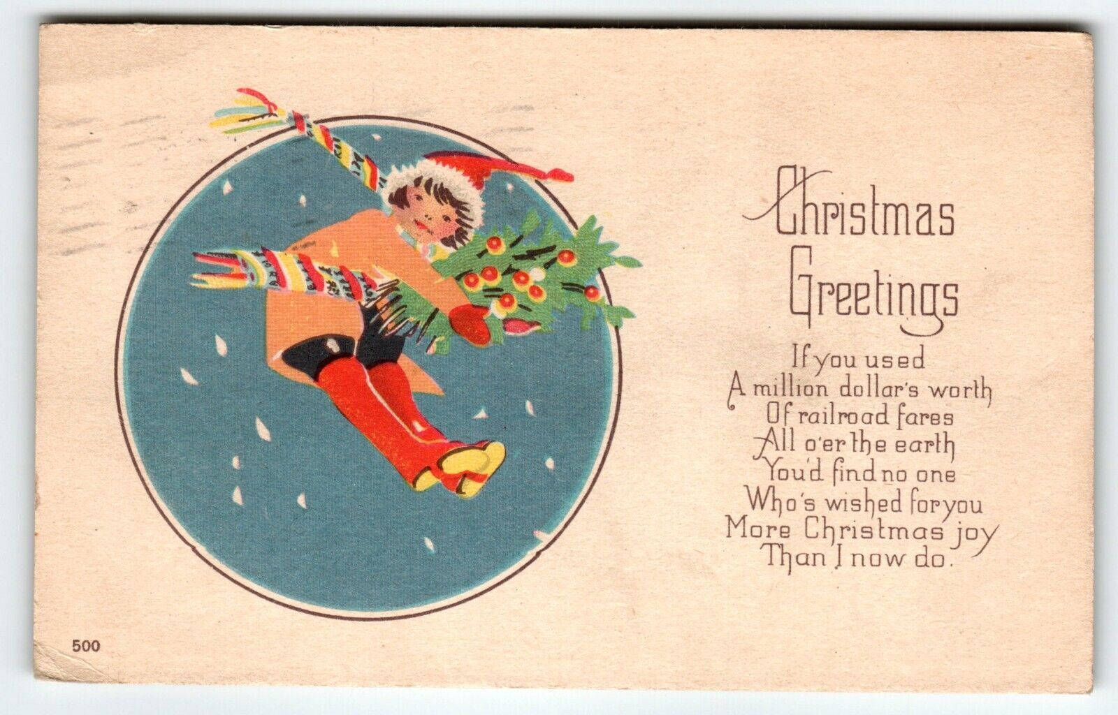 Christmas Postcard Girl Jumping Snow Flakes Flowers Scarf Hat 1927 ...